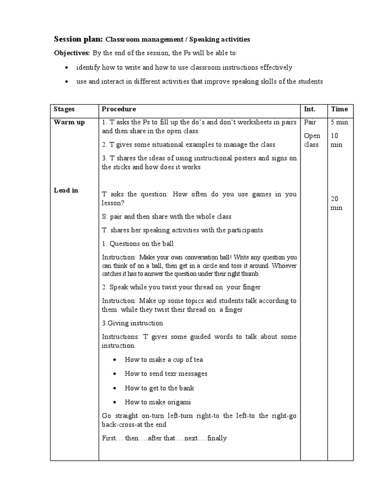 Session Plan:: Objectives: by The End of The Session, The Ps Will Be ...