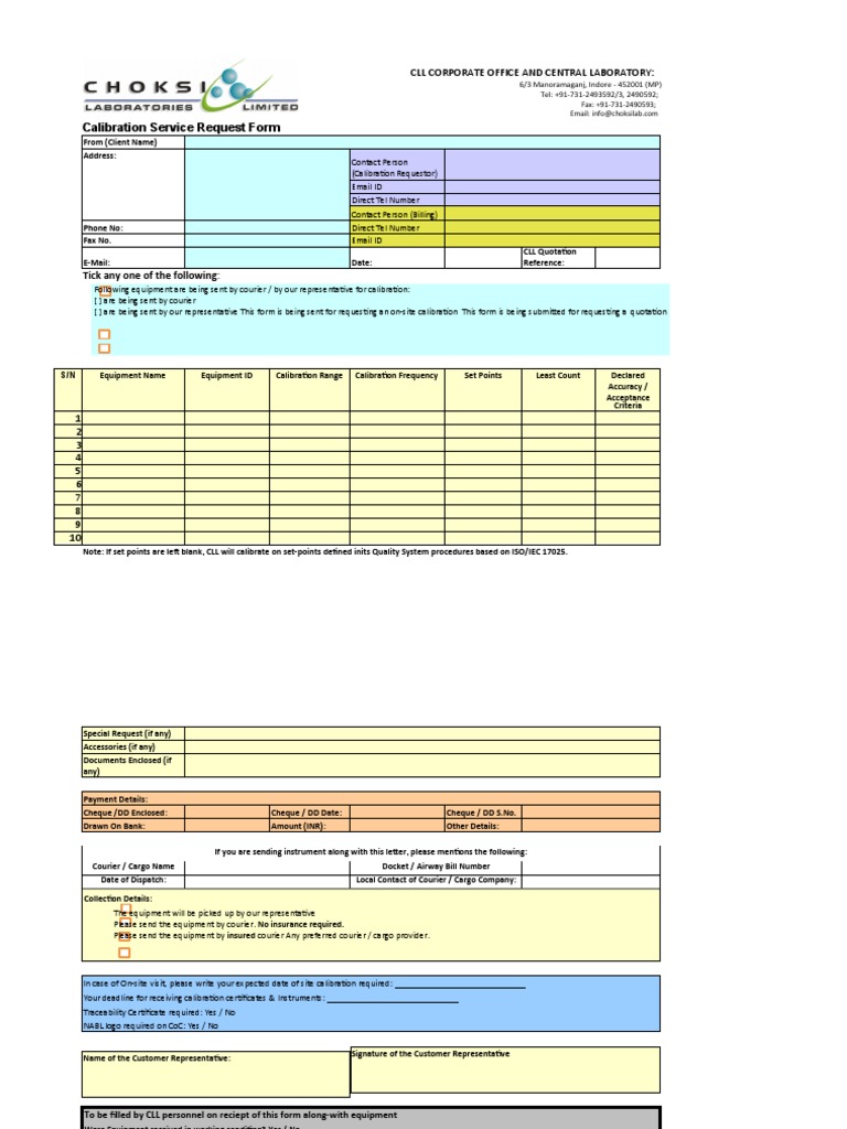 Calibration Service Request Form: CLL Corporate Office and Central ...