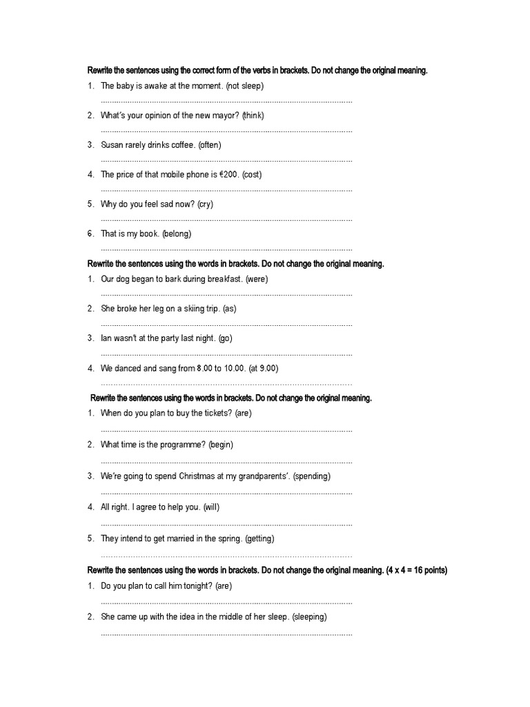 Rewrite The Sentences Using The Correct Form of The Verbs | PDF ...