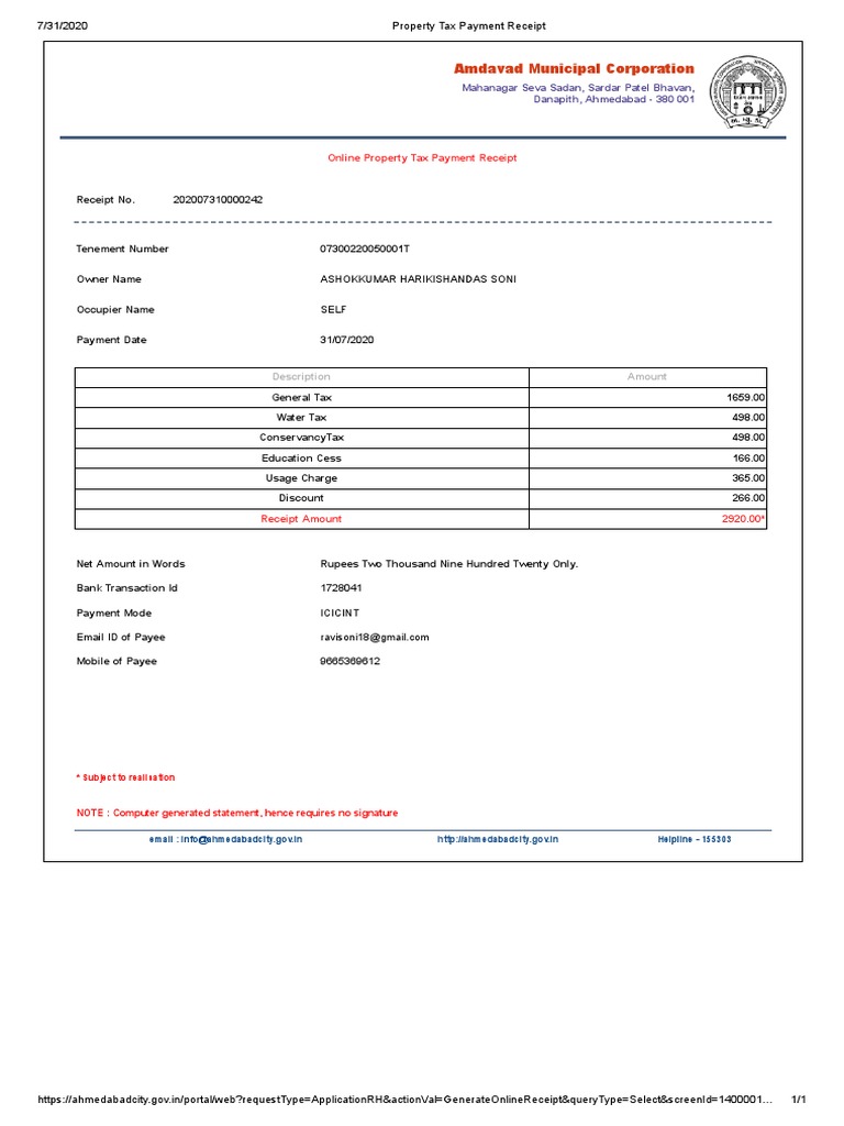 Property Tax Payment Receipt PDF | PDF | Payments | Receipt