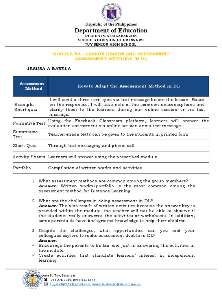 Assessment Method in The Dl. | PDF | Educational Assessment | Reading ...