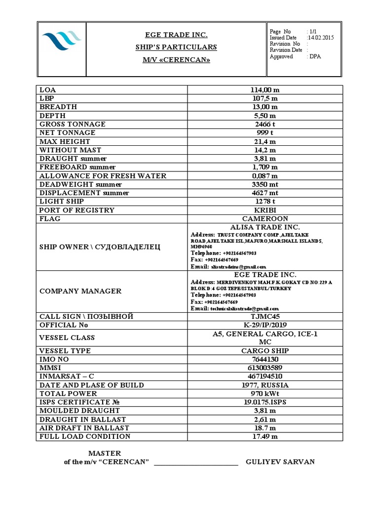 Ship Particulars Cerencan | Download Free PDF | Tonnage | Ships