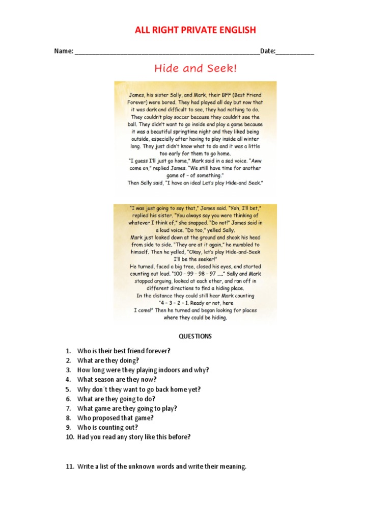 Hide and Seek Worksheet | PDF