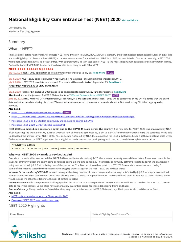 Neet 2020 Updates For Aspirants Pdf Qualifications Test Examination