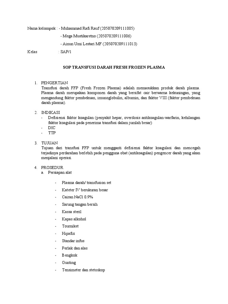 Cara Transfusi Darah FFP yang Aman dan Efektif | PDF