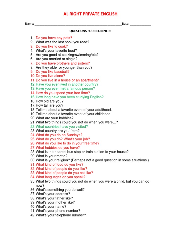 Beginner Speaking Questions Guide | PDF