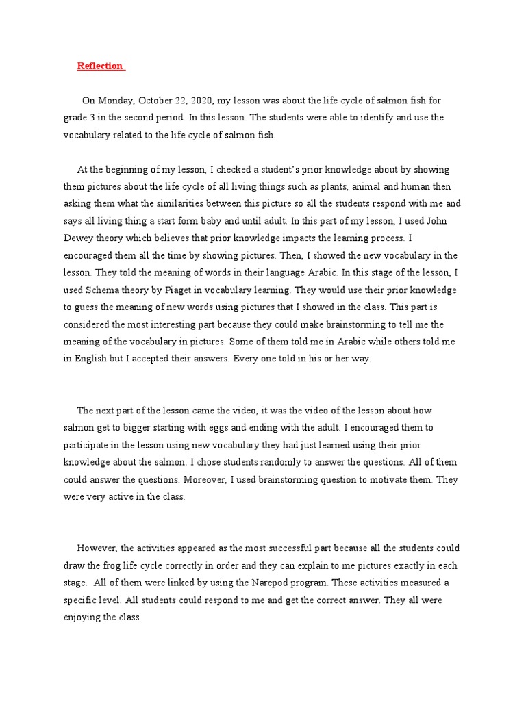 Reflection Life Cycle of Salmon Fish | PDF | Vocabulary | Pedagogy