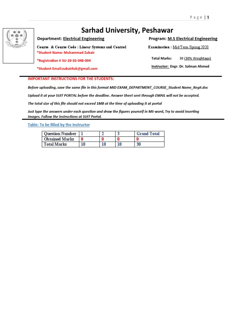 MID EXAM - ELECTRICAL - Linear System and Control - Muhammad Zubair ...