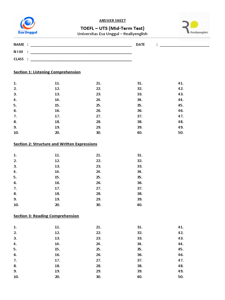 UTS TOEFL Answer Sheet | PDF | Test Of English As A Foreign Language ...