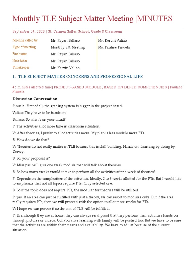 Minutes of The Meeting September 4, 2020 | PDF | Psychology | Behavior ...