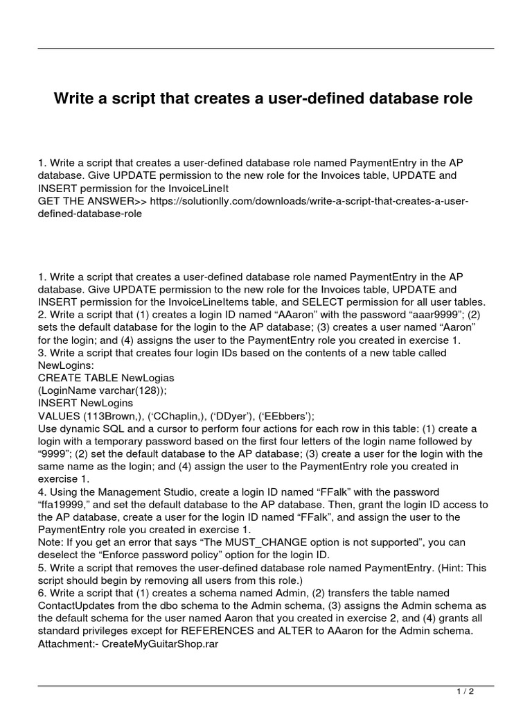 Write A Script That Creates A User Defined Database Role | PDF ...