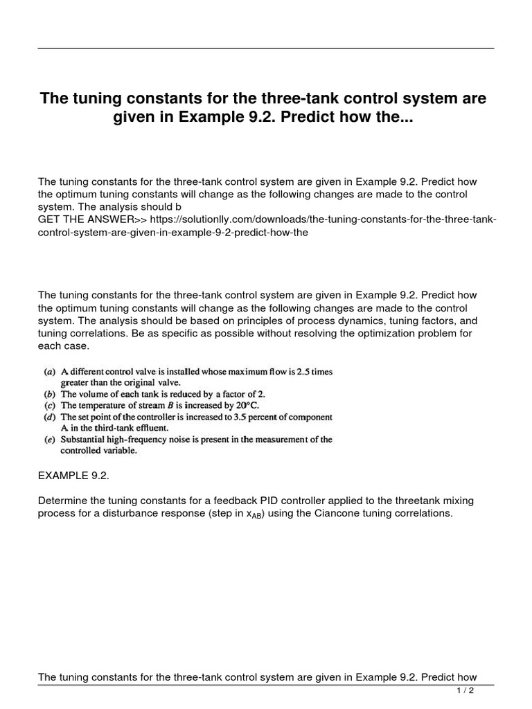 The Tuning Constants For The Three Tank Control System Are Given in ...