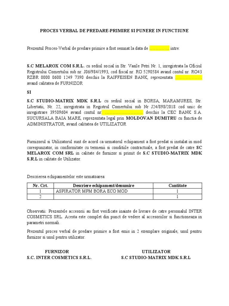 Proces Verbal de Predare-Primire Si Punere in Functiune - Melarox | PDF