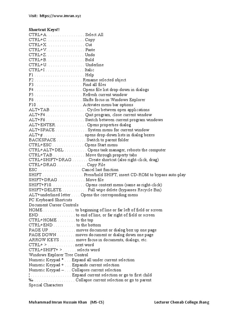 Shortcut Keys!!: Visit: HTTPS://WWW - Imran.xyz | PDF | Computing ...