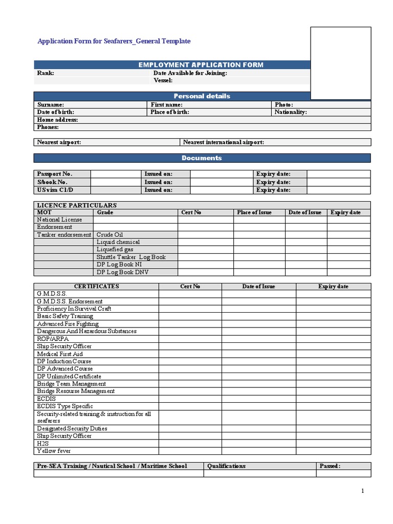 Application Form For Seafarers - General Template | Download Free PDF ...