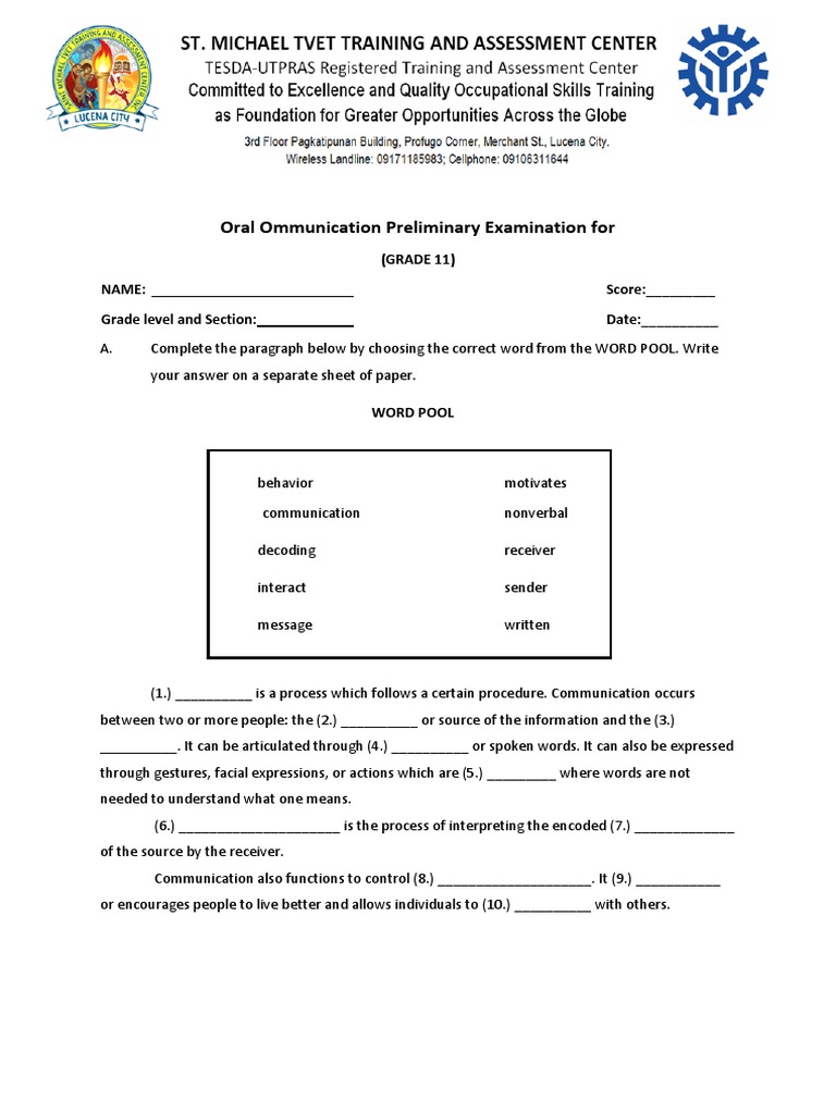 Oral Ommunication Preliminary Examination For GRADE 11 | PDF | Communication | Behavioural Sciences