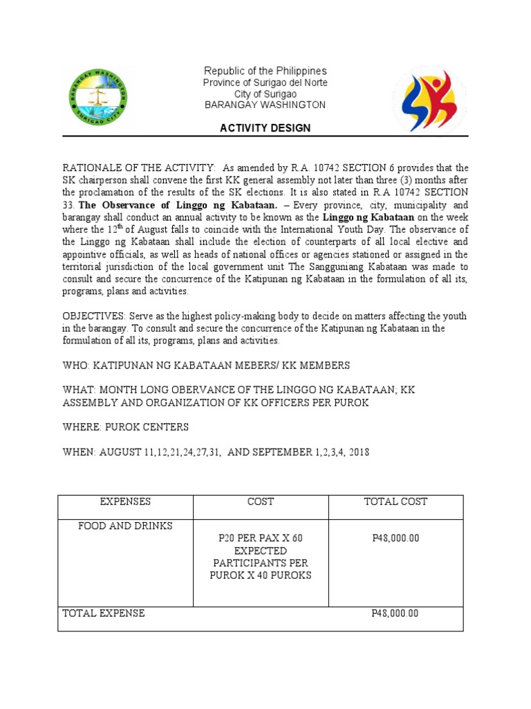 Activity Design: Province of Surigao Del Norte City of Surigao Barangay ...