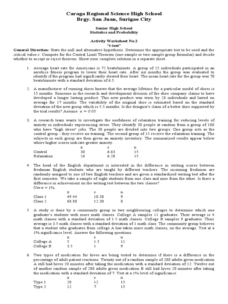 T-Test Worksheet for Statistical Analysis | PDF | Statistics ...
