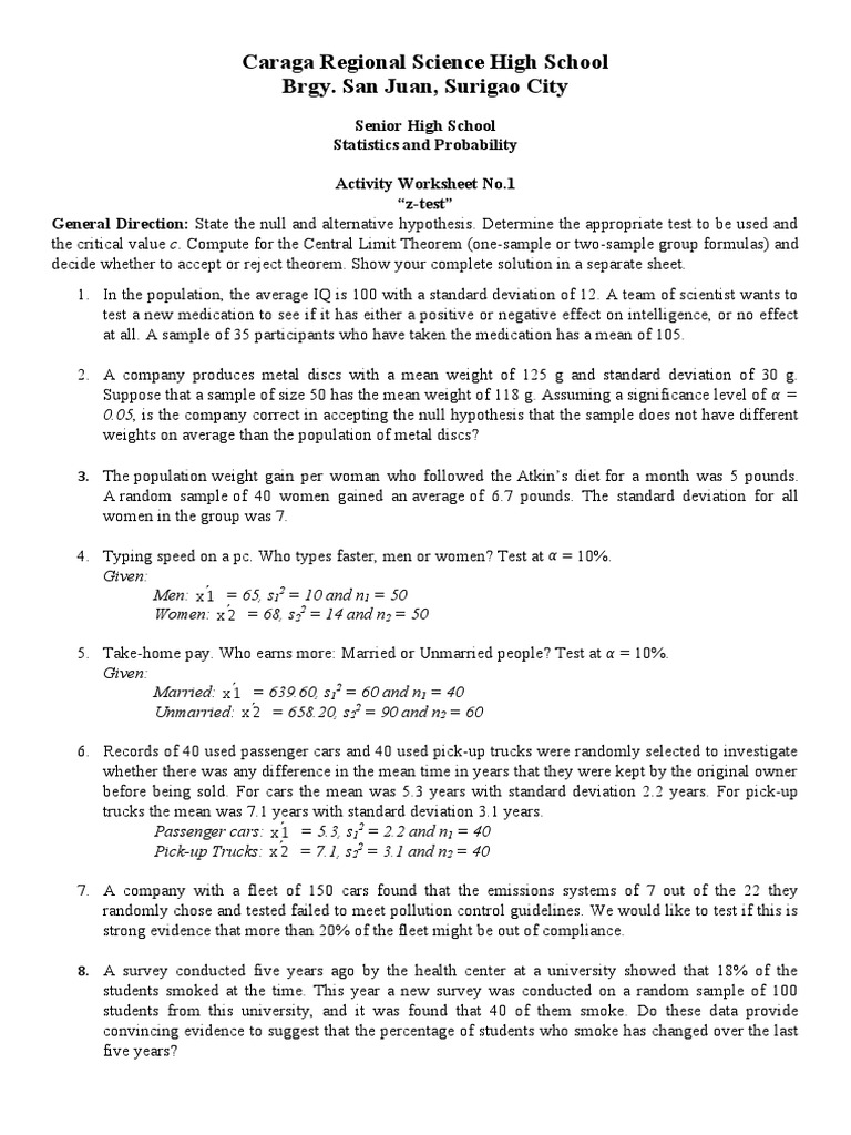 Z-Test Activity Worksheet for Statistics | PDF | Statistics ...