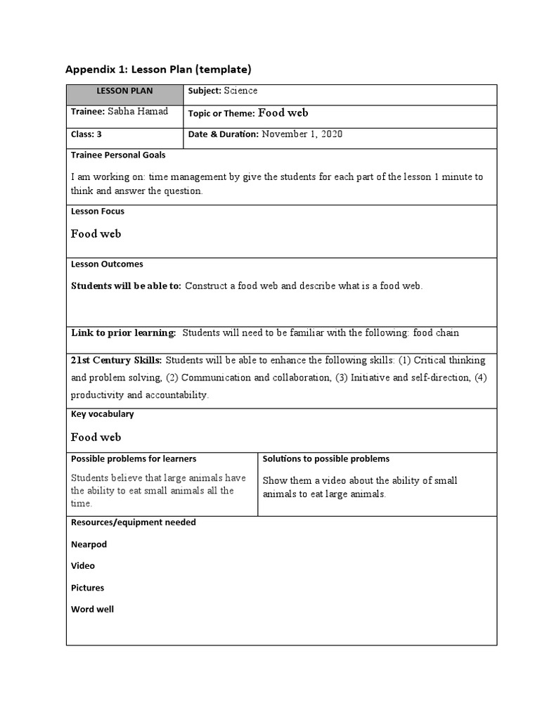 Food Web: Appendix 1: Lesson Plan (Template) | PDF | Lesson Plan | Teachers