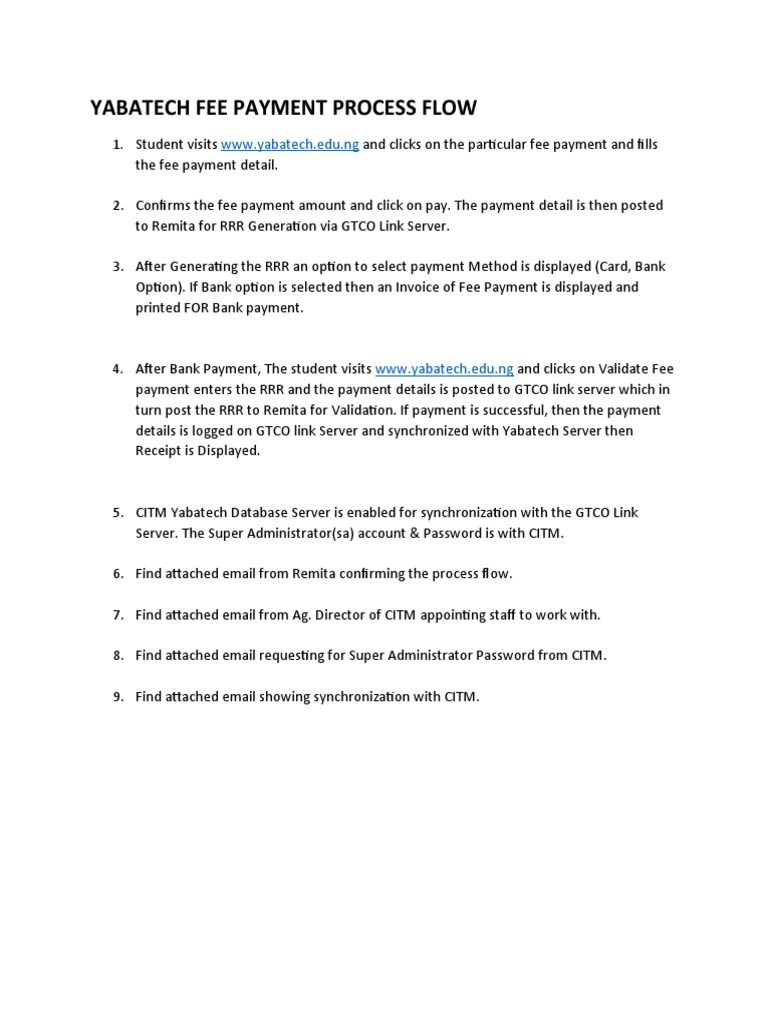 Yabatech Fee Payment Process Flow | PDF