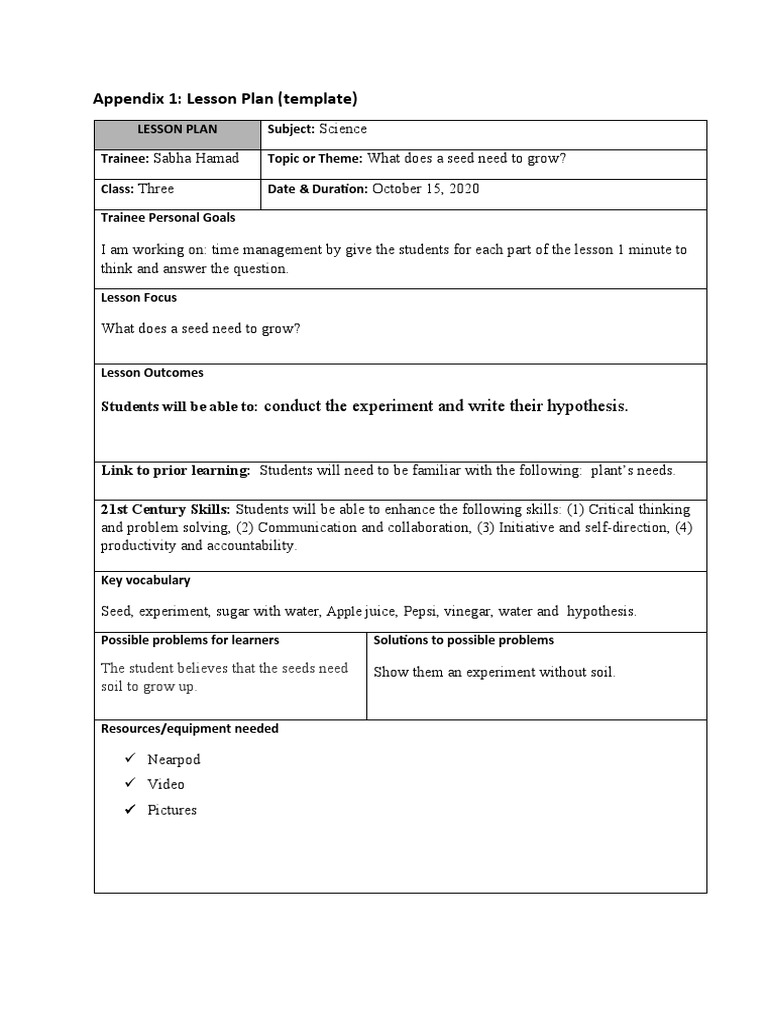 Appendix 1: Lesson Plan (Template) : Conduct The Experiment and Write ...