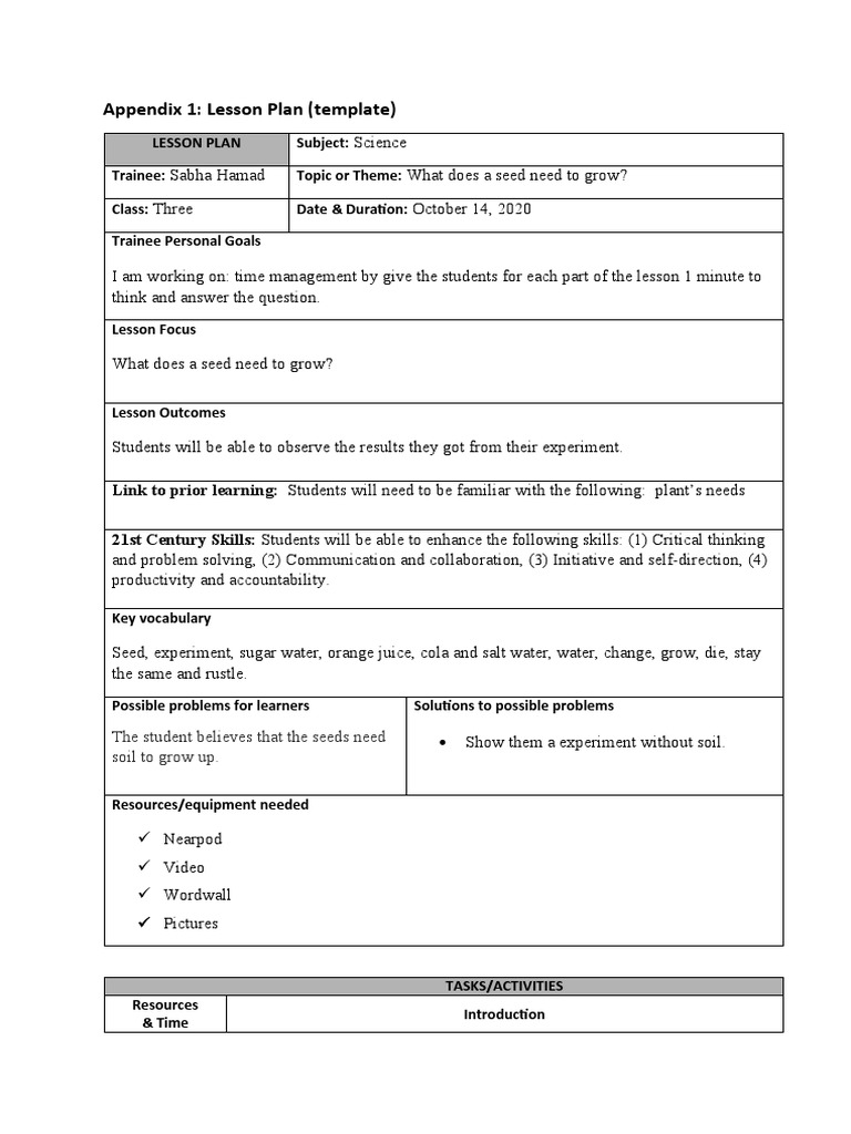 Appendix 1: Lesson Plan (Template) | PDF | Lesson Plan | Experiment