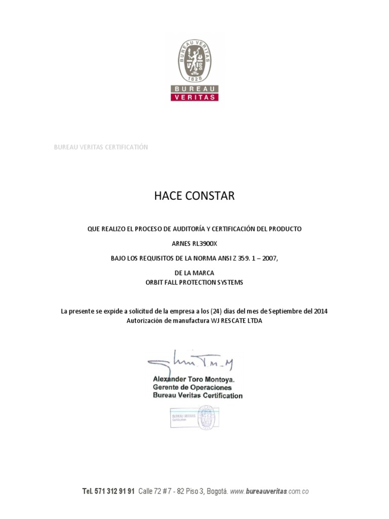 Certificatión. Arnes RL 39 Orbit | PDF