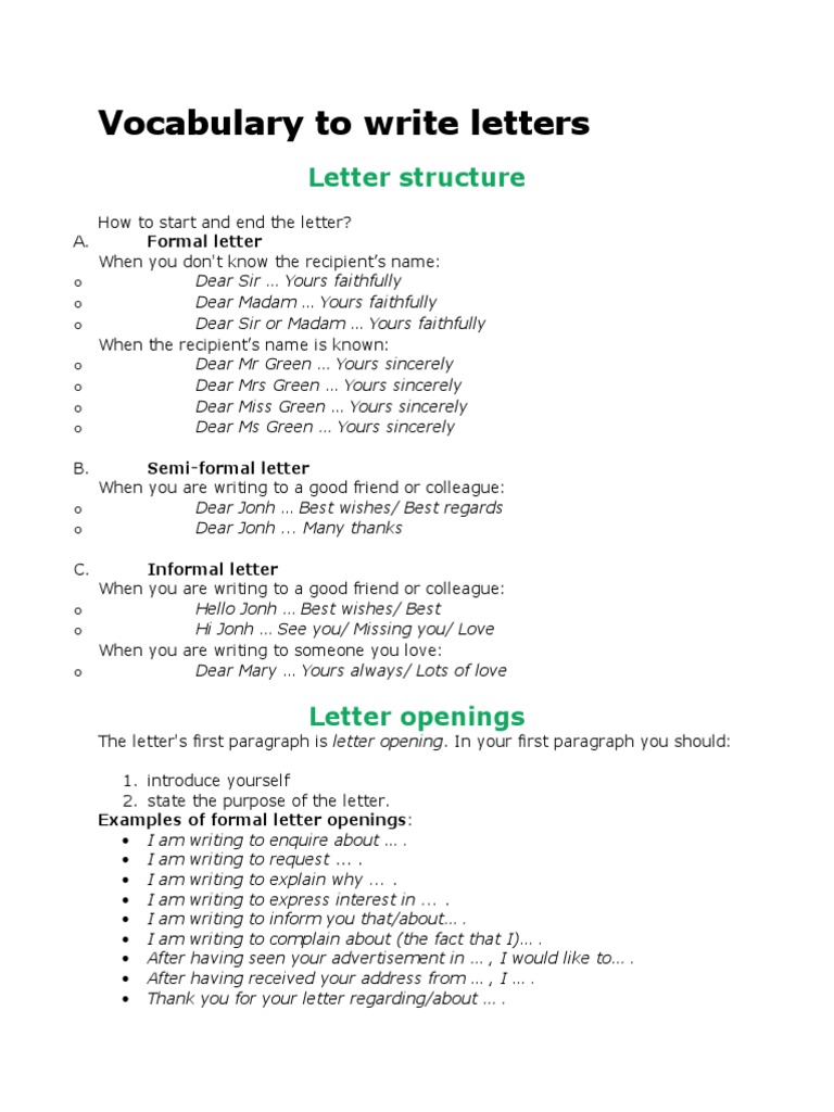 Letter Writing Vocabulary Guide | PDF