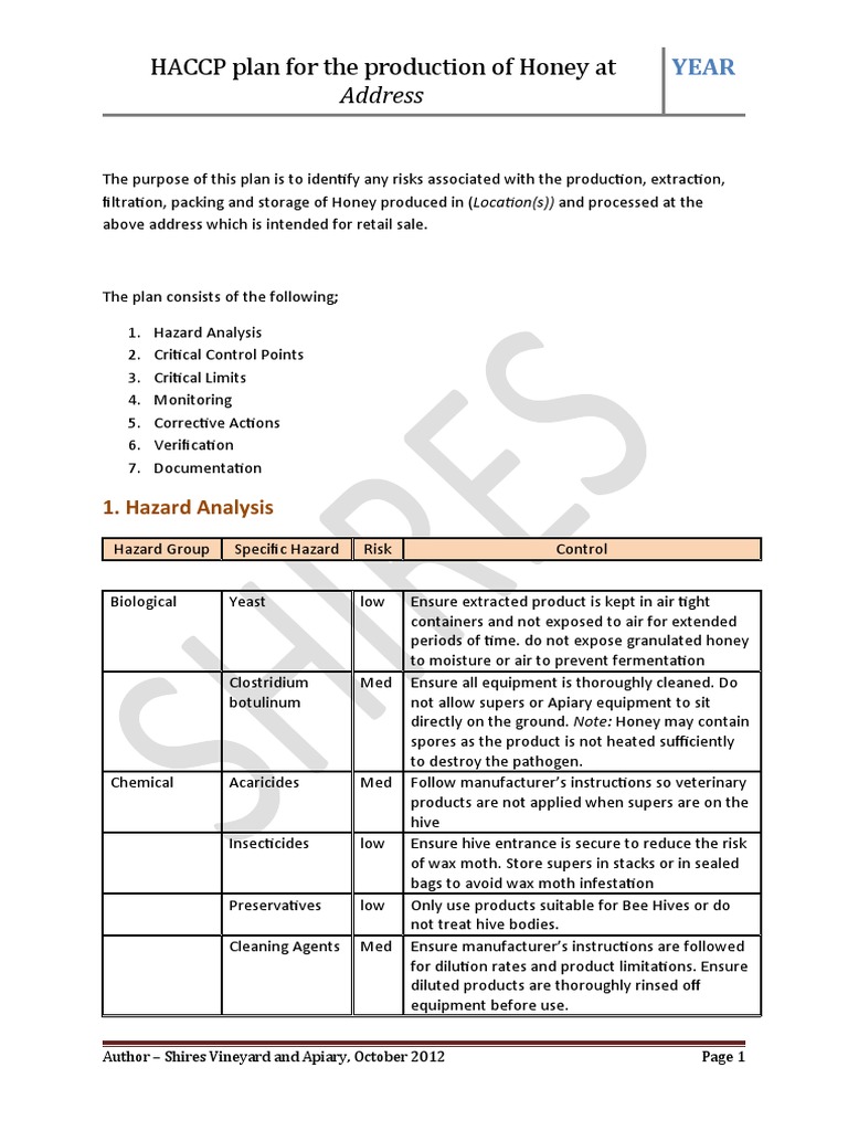 Haccp Plan For Honey Production Uk Blank | PDF | Honey | Beehive