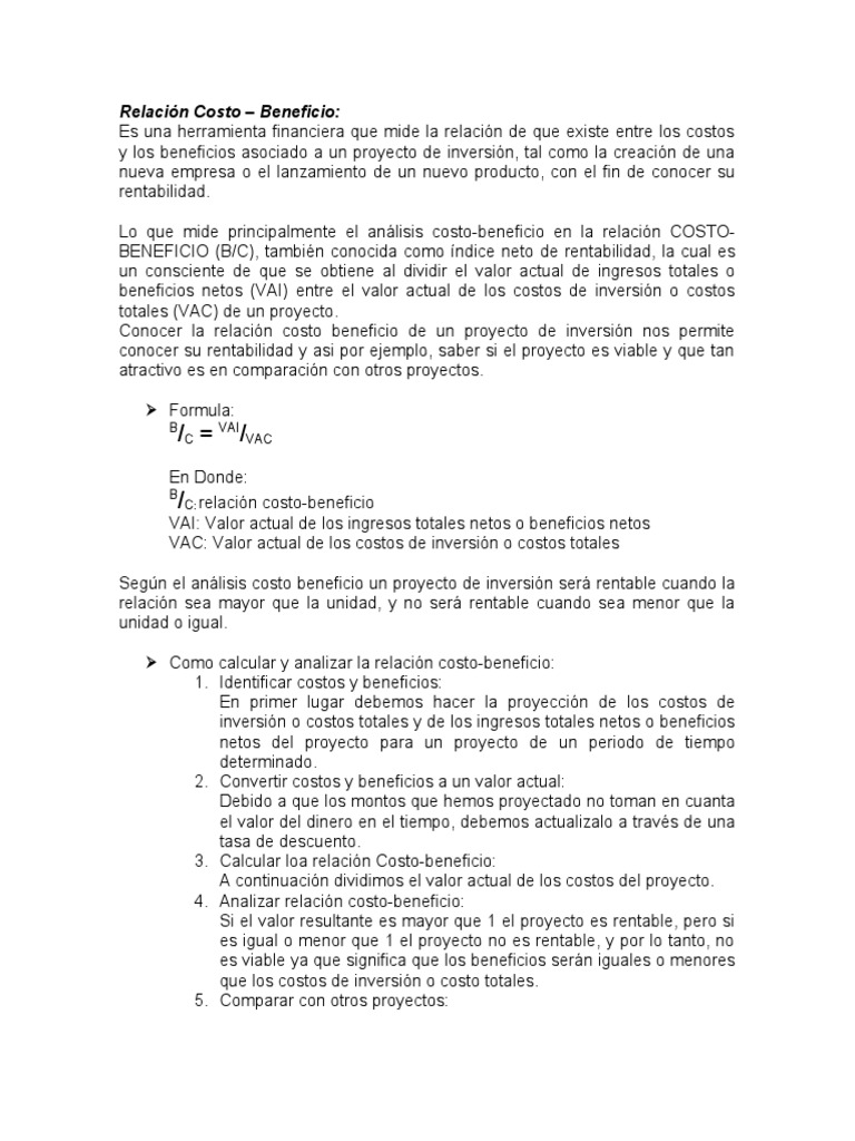 Relación Costo Beneficio | PDF | Análisis coste-beneficio | Inversiones