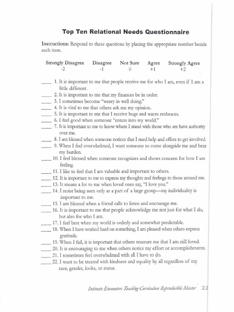 Top Ten Relational Needs Question Aire: Strongly Disagree Disagree Not Sure Ag e Strongly | PDF ...