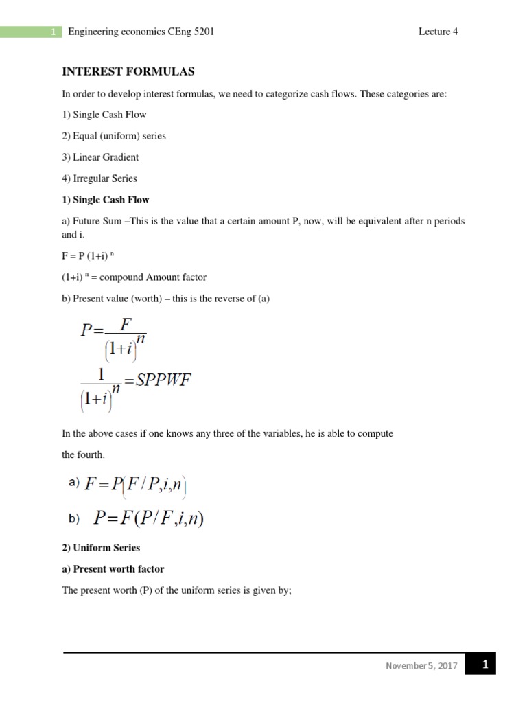 Interest Formulas: 1) Single Cash Flow | PDF