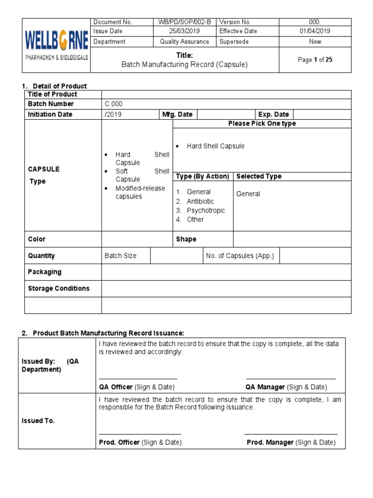 Batch Manufacturing Record (Capsule) : Title | PDF | Quality Assurance ...