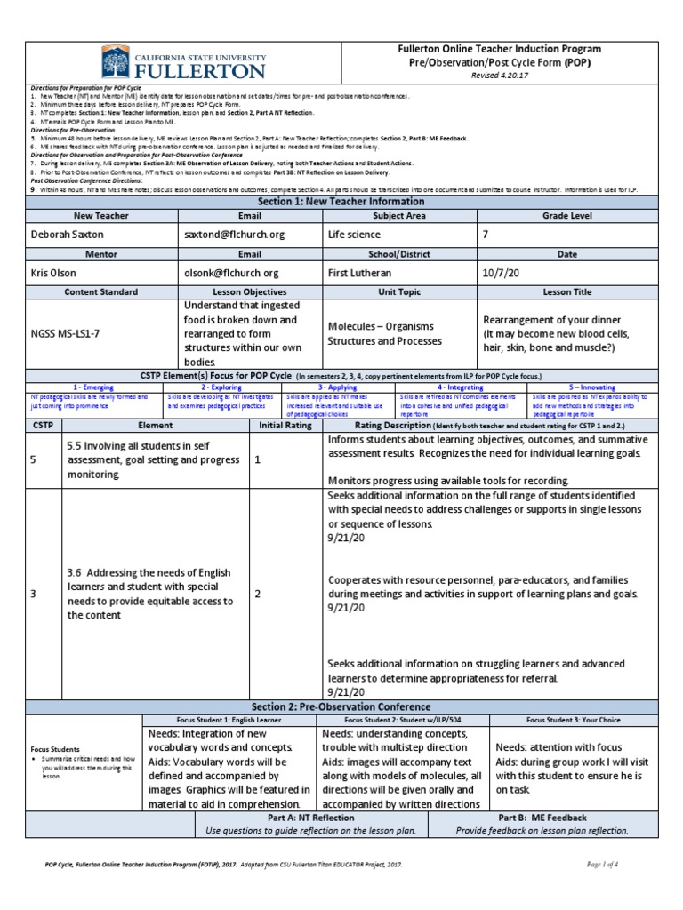 Fullerton Online Teacher Induction Program Pre/Observation/Post Cycle ...