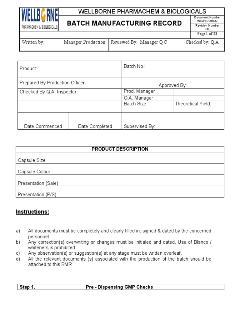 General BMR | PDF | Quality Assurance | Weight