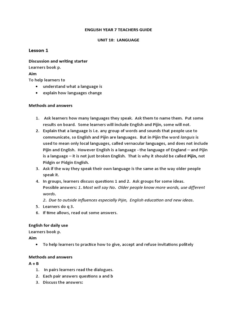 English Year 7 Unit 10 TG | PDF | English Language | Question
