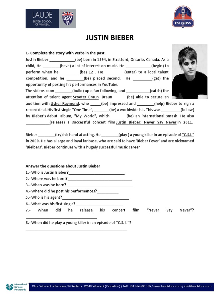 ESL Worksheet: Justin Bieber Facts | PDF | Games & Activities | Social ...