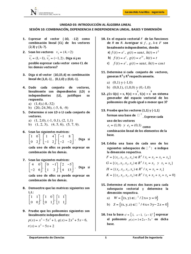 Hoja de Trabajo - 10 - Combinaciones Lineales PDF | PDF