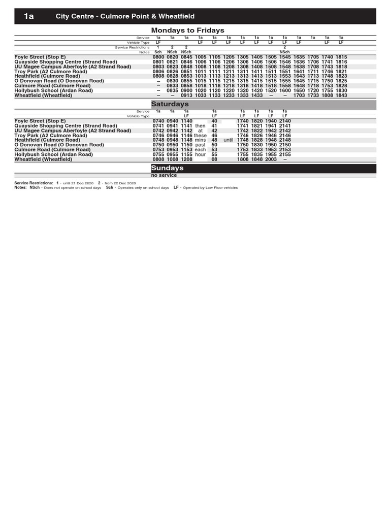Timetable - Foyle Metro - 1a - City Centre - Wheatfield (Muff) - 01 ...