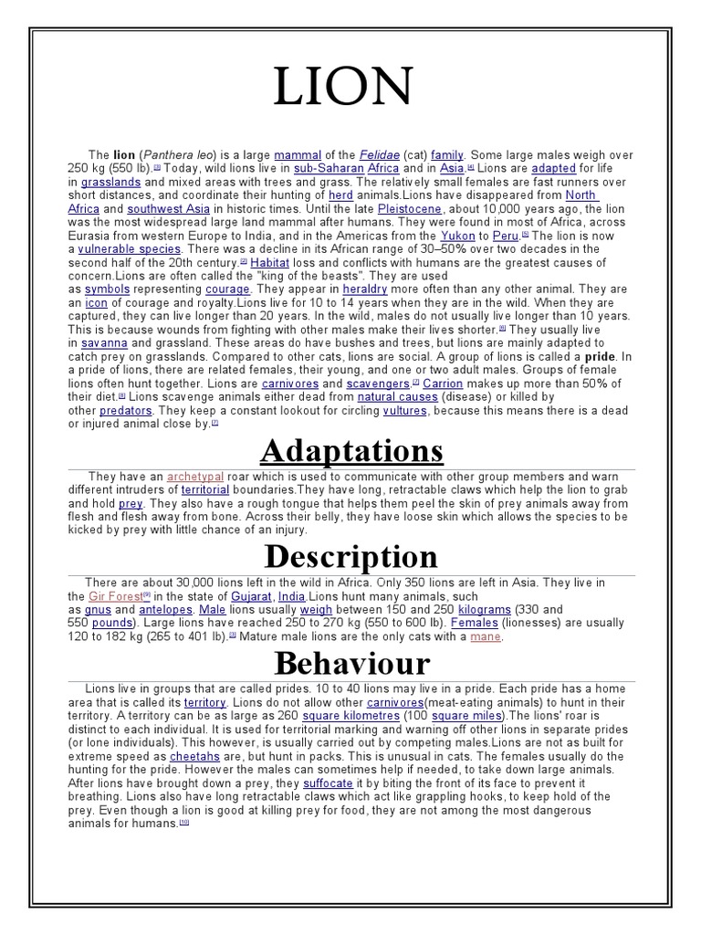 Adaptations Description Behaviour: Felidae | PDF | Lion | Organisms