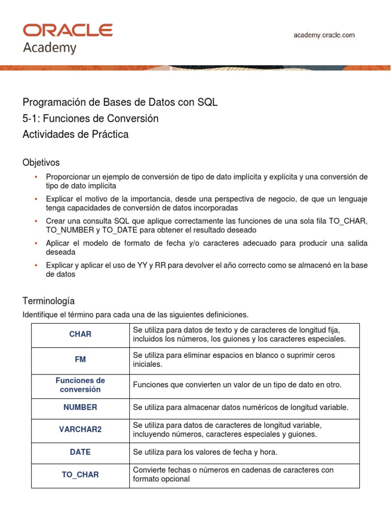 Práctica 5 - 1 Funciones de Conversión | PDF | SQL | Tipo de datos
