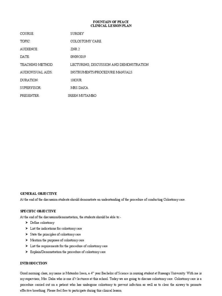 Colostomy Care Clinical Lesson Plan | PDF | Lesson Plan | Lecture