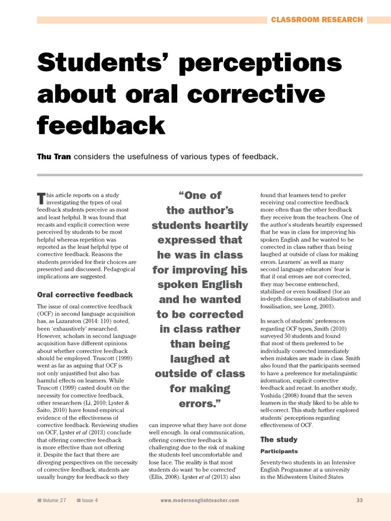 Students' Perceptions About Oral Corrective Feedback (2018) | Download ...
