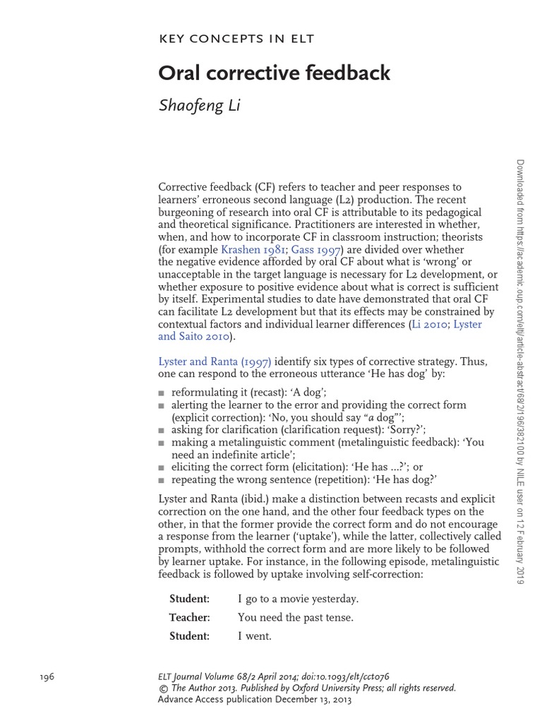 Oral Corrective Feedback (2014) | PDF | Second Language | Second ...