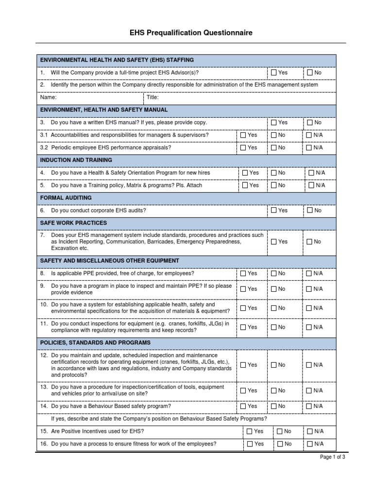 EHS Prequalification Questionnaire: Environmental Health and Safety ...