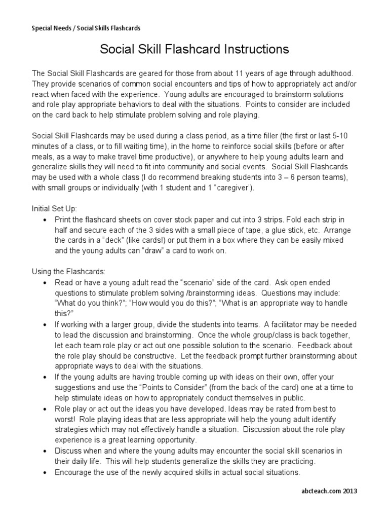Social Skill Flashcard Instructions: Special Needs / Social Skills ...