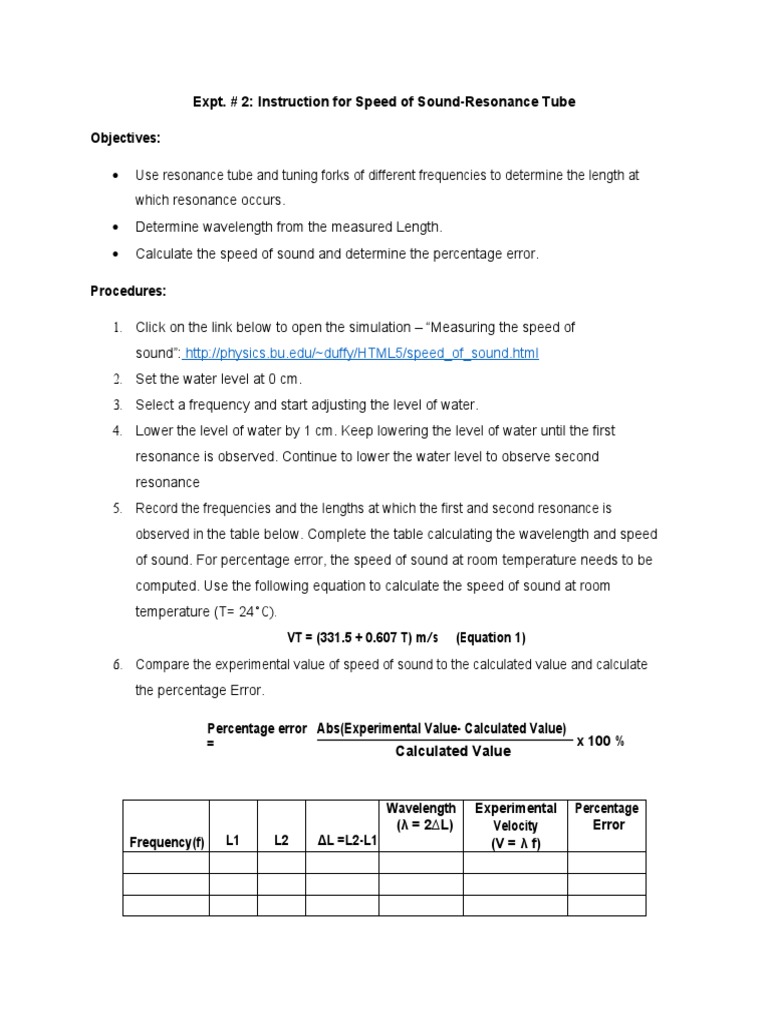 Student Instructions For Speed of Sound - Resonance Tube - 2 | PDF ...