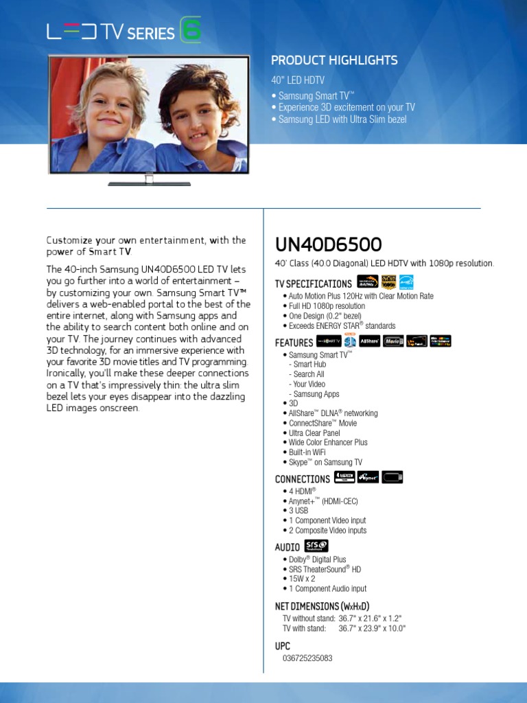UN-40D6500 Spec Sheet | PDF | Hdmi | High Definition Television