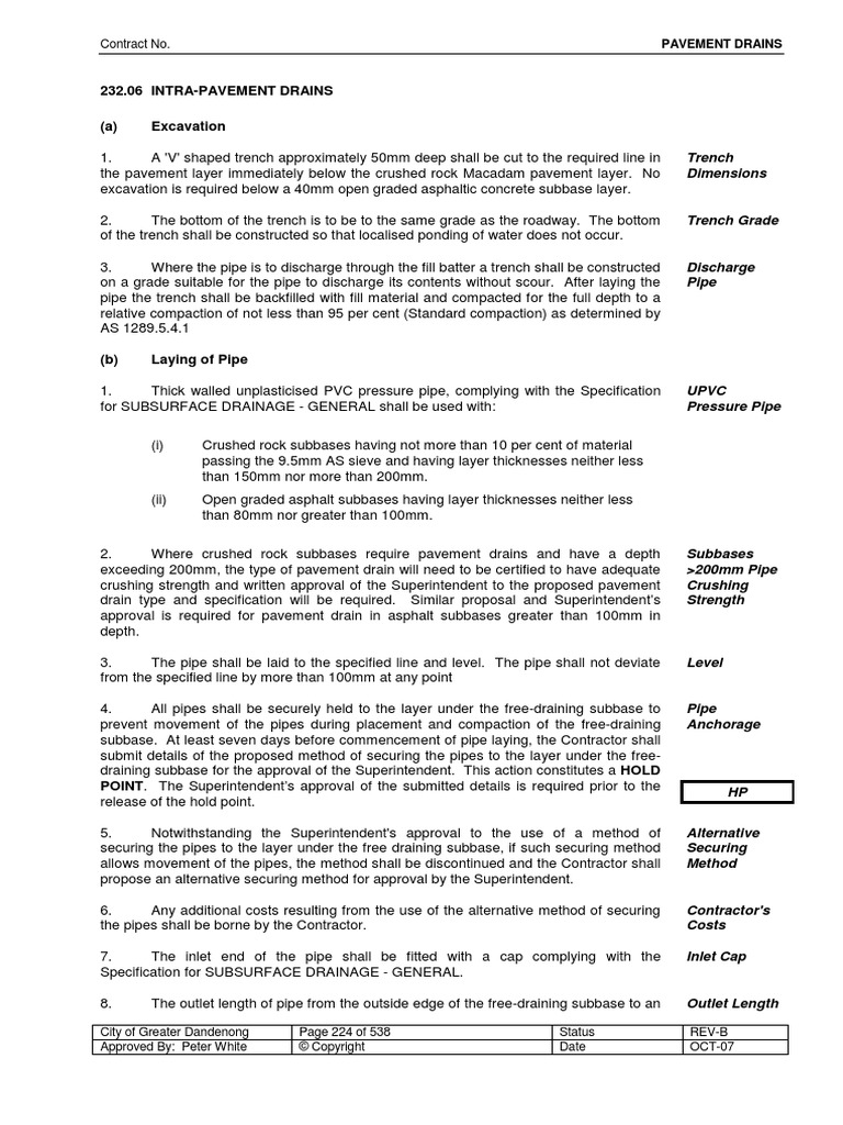 232.06 Intra-Pavement Drains (A) Excavation: Contract No | PDF | Road ...